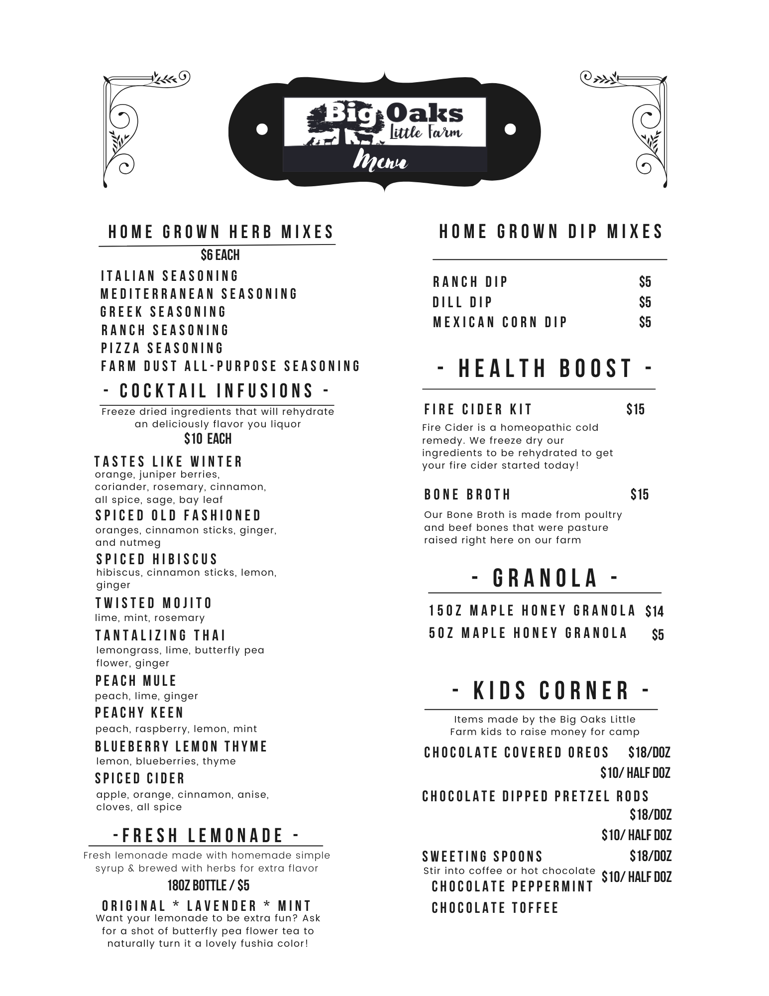 Local Pick Up Menu – Big Oaks Little Farm